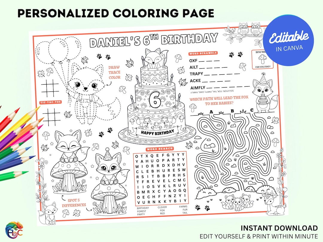 Editable Fox Birthday Coloring Placemat : Printable Woodland Party ...
