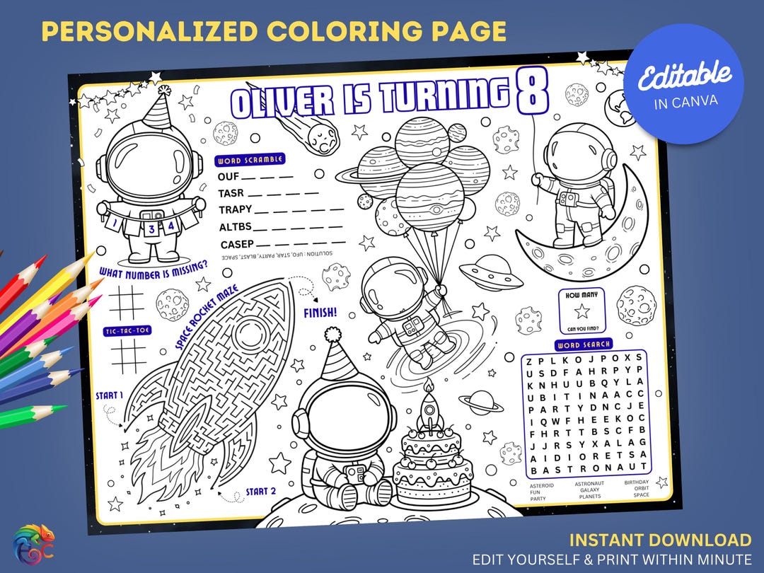 Editable Outer Space Birthday Coloring Placemat : Printable Astronaut ...