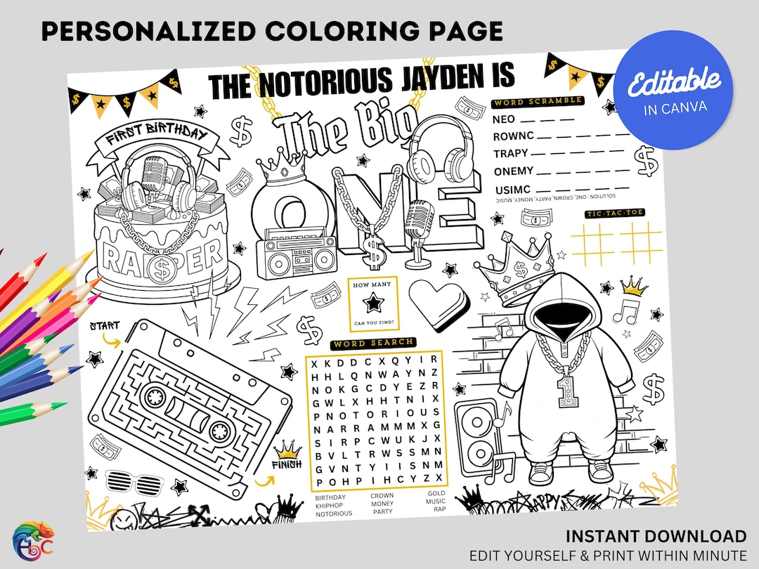 Notorious Big One Birthday Coloring Placemat : Editable Hip Hop Party ...