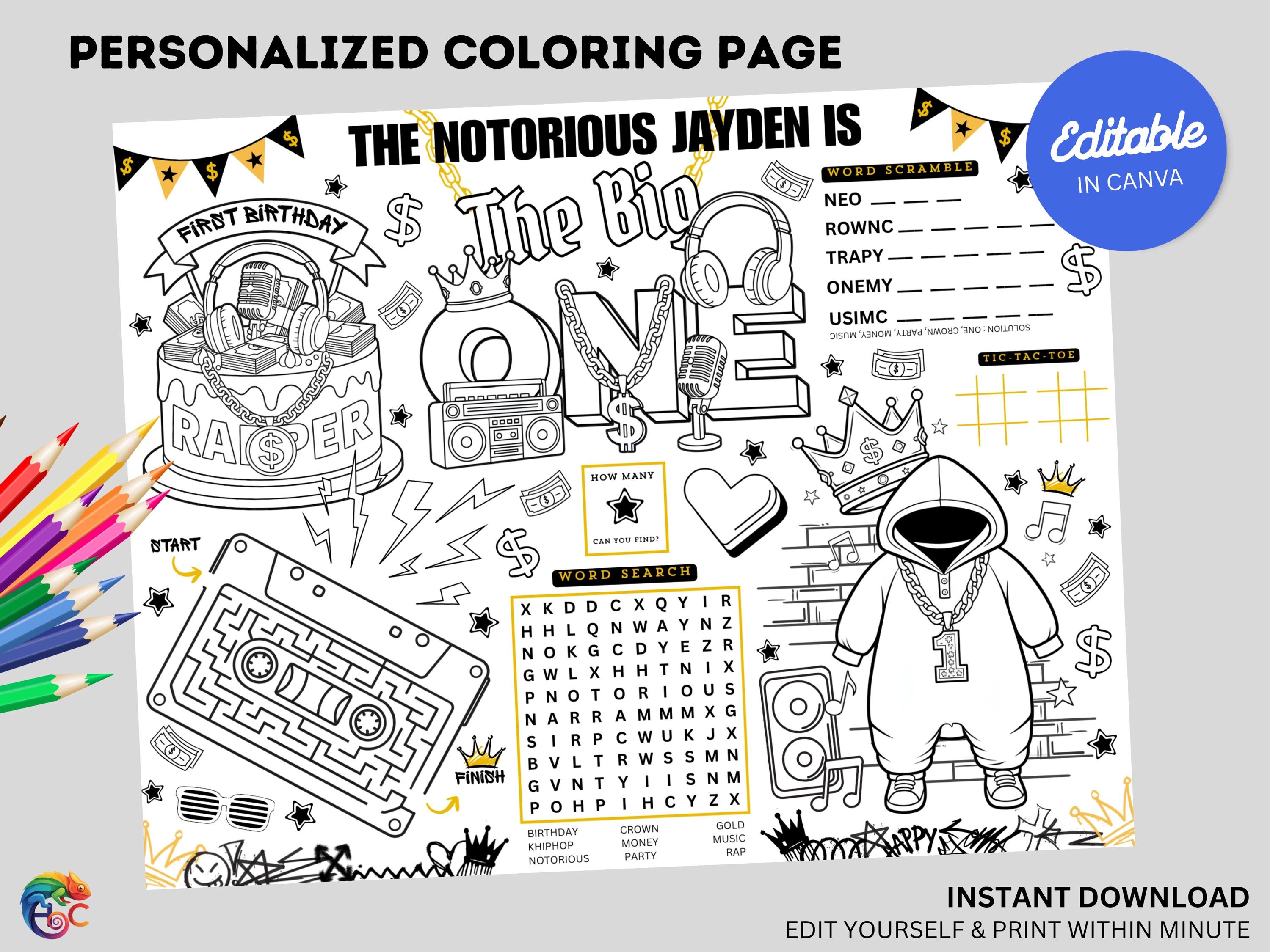 Notorious Big One Birthday Coloring Placemat : Editable Hip Hop Party ...