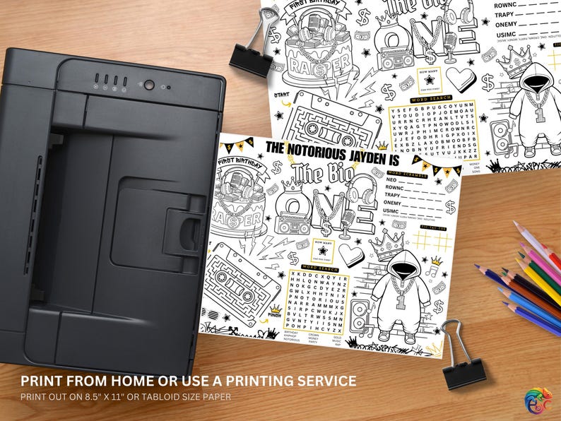 Notorious Big One Birthday Coloring Placemat : Editable Hip Hop Party ...