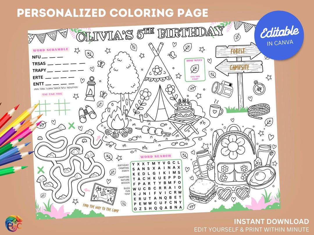 Editable Camping Birthday Coloring Placemat : Camper Girl Party ...