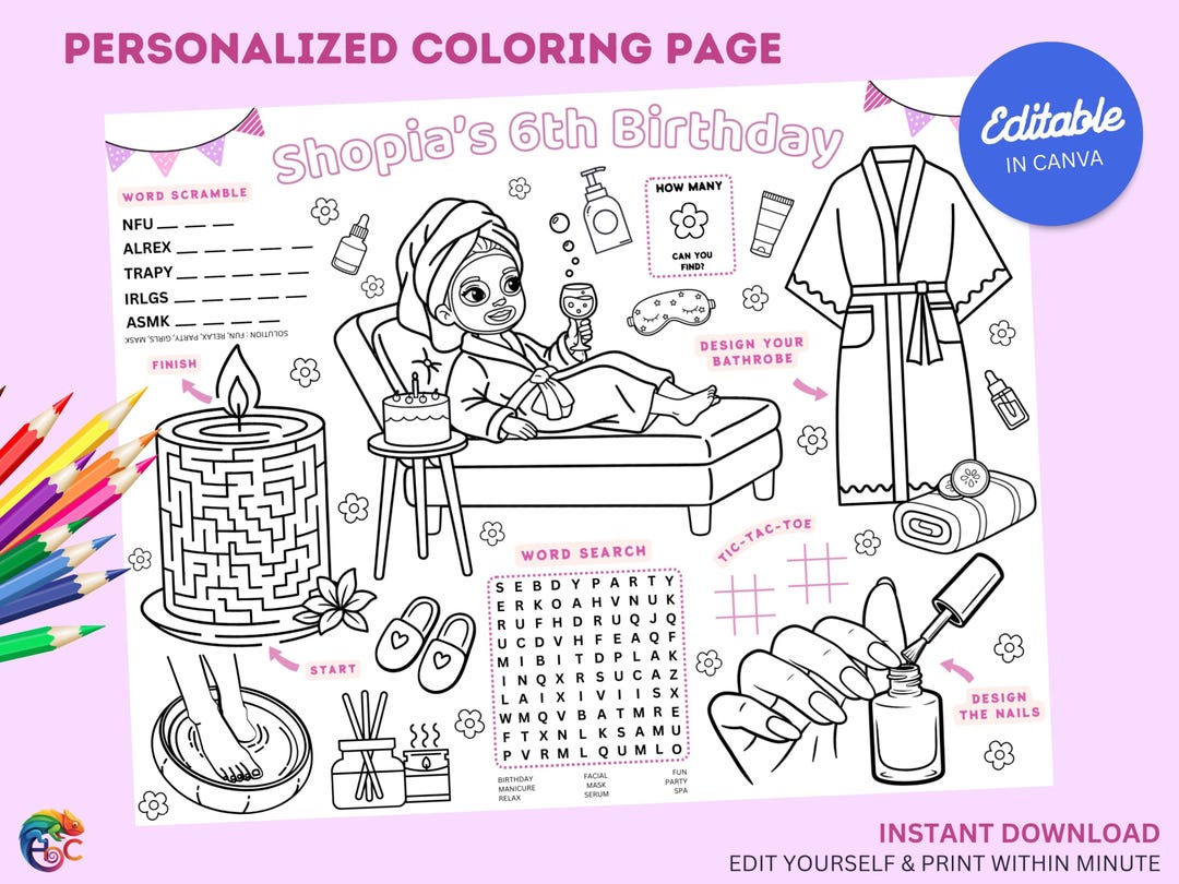 Editable Spa Birthday Coloring Placemat : Pamper Party Kids Activity ...