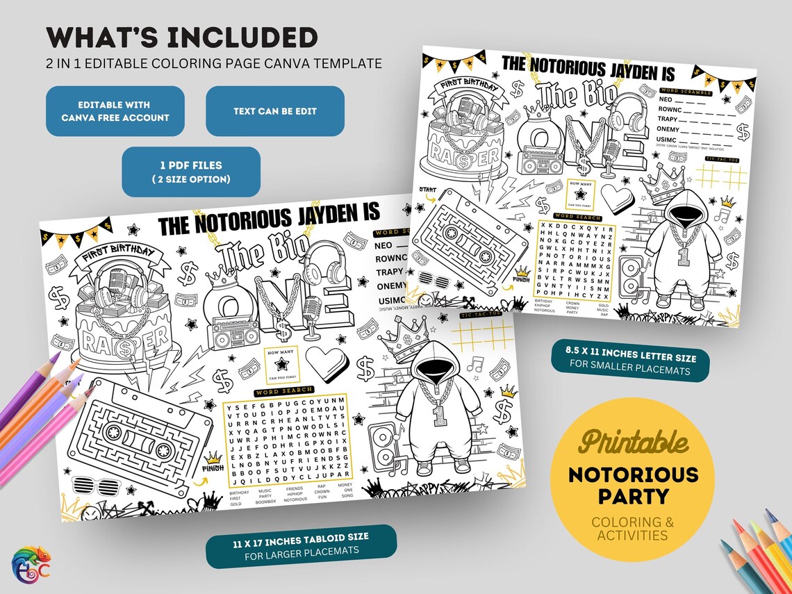 Notorious Big One Birthday Coloring Placemat : Editable Hip Hop Party ...