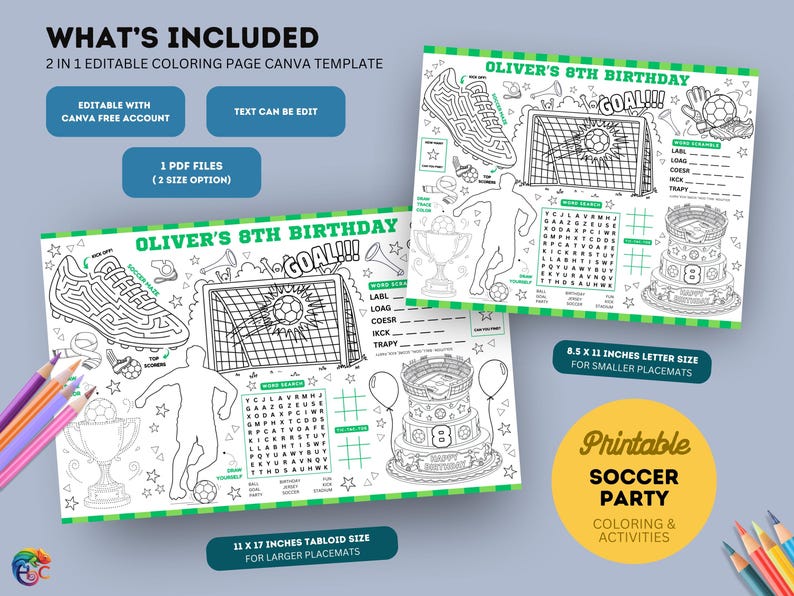 Editable Soccer Birthday Coloring Placemat : Personalized Sports Party ...