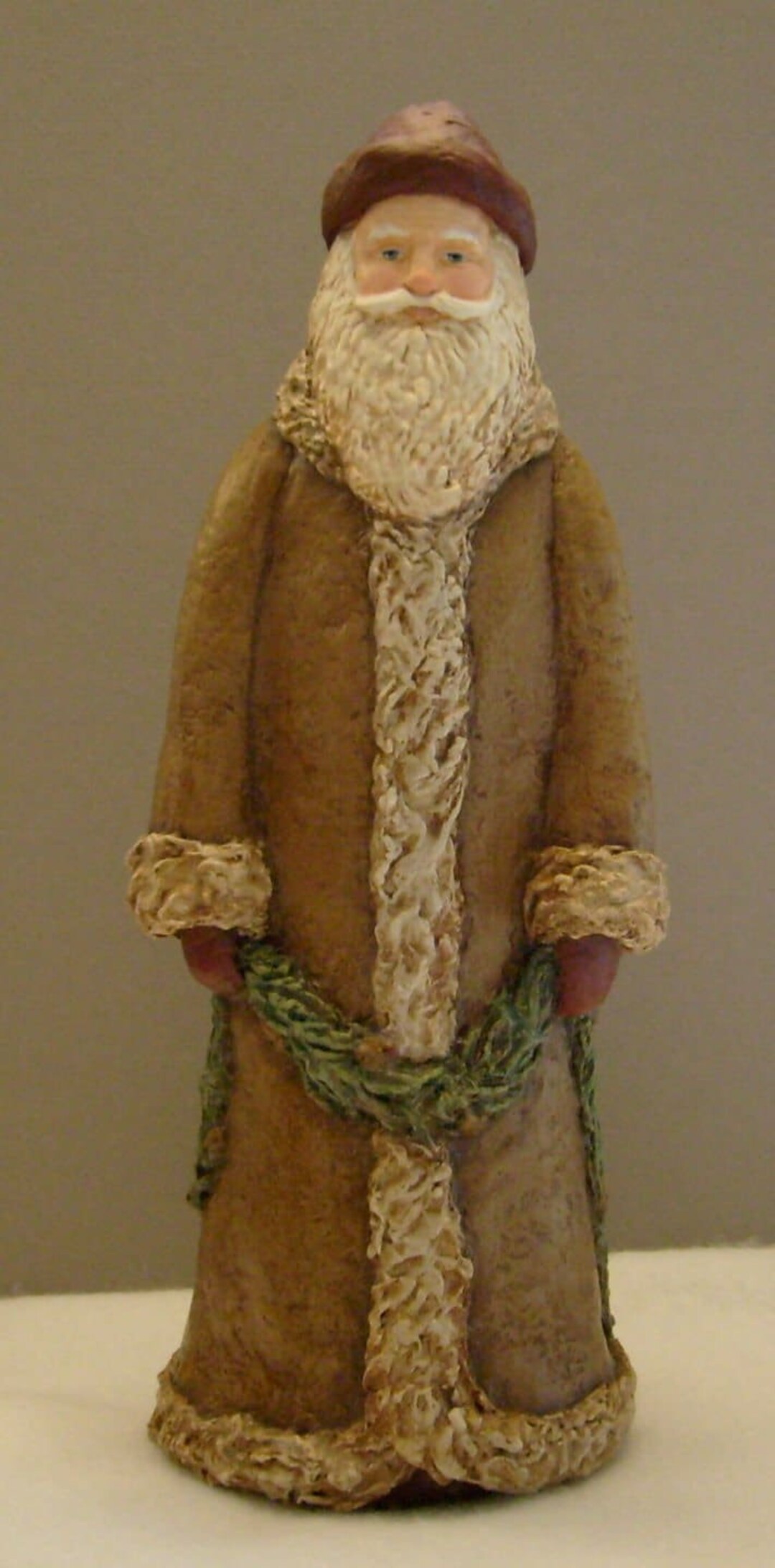 Santa in Tan Coat, OOAK Hand Sculpted, Paper Mache Clay, Folk Art Table ...