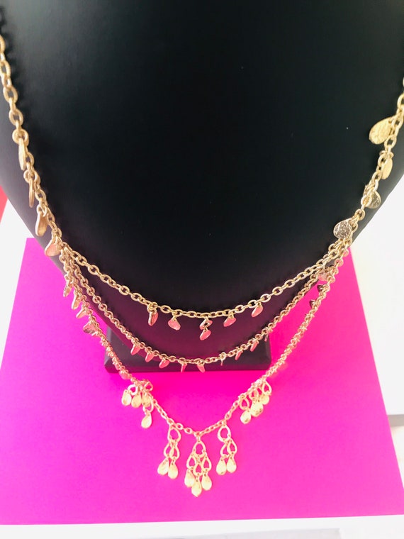 Triple Layered Gold Tone Swag Chain Necklace With Gol… - Gem