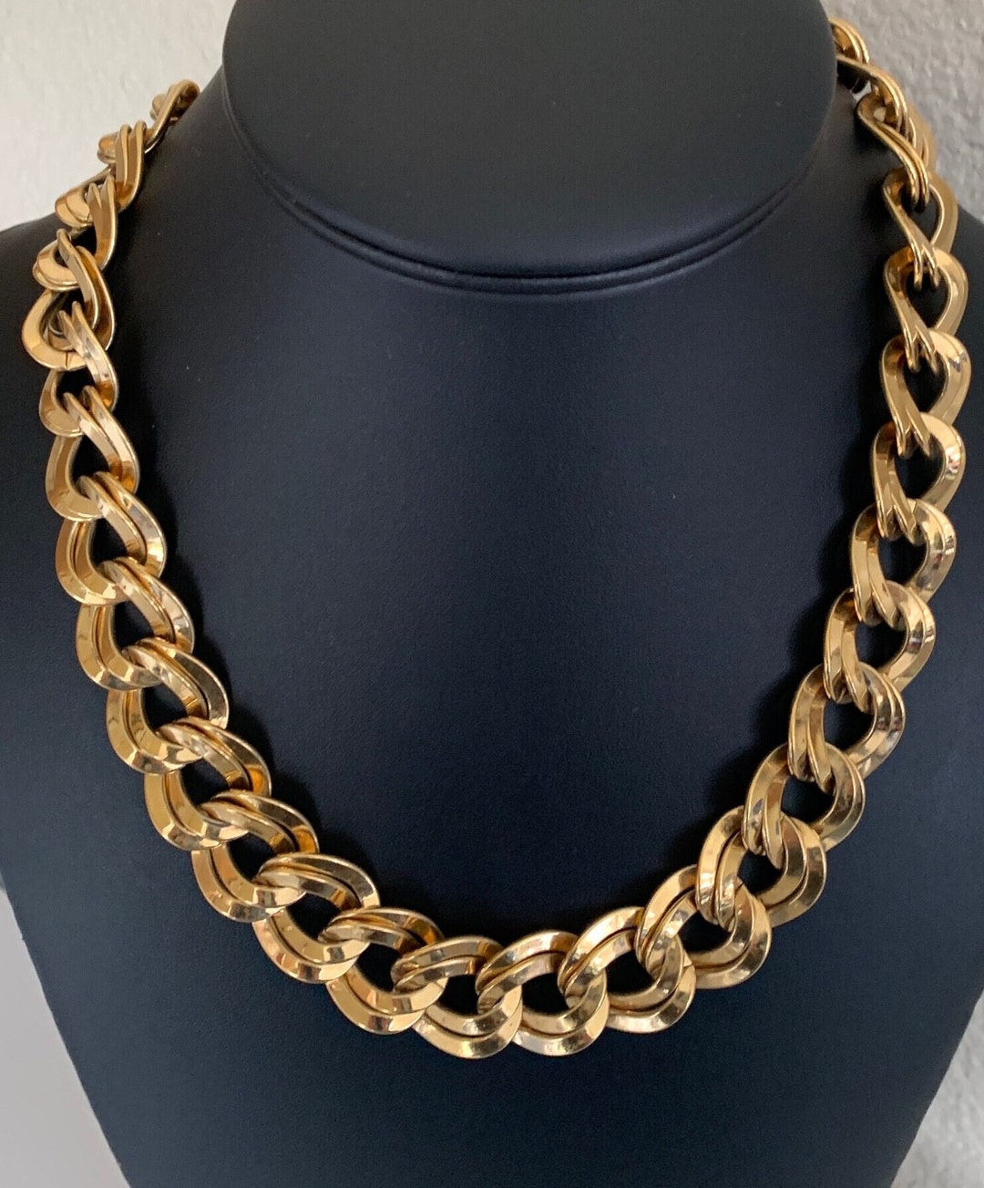 Vintage Signed Monet Warm Shiny Gold Double Link Chain Collar Necklace ...