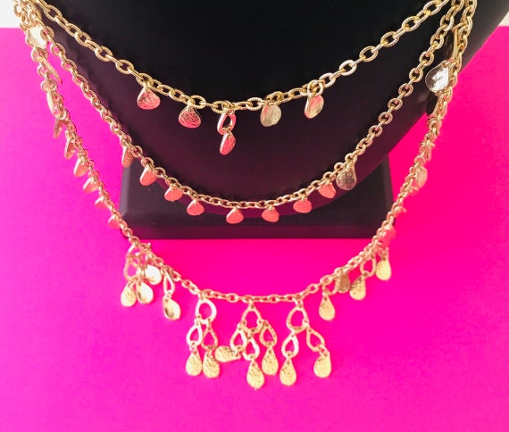 Triple Layered Gold Tone Swag Chain Necklace With Gol… - Gem