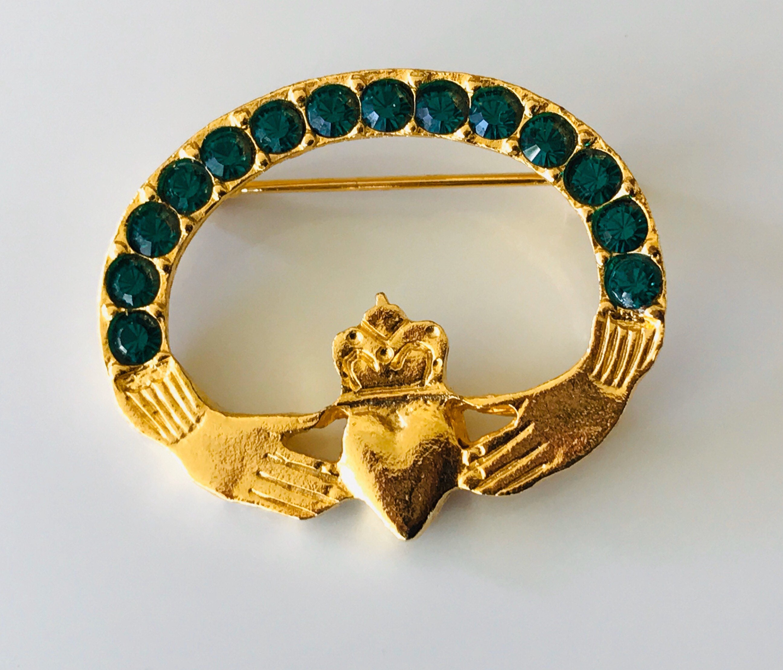 Gold Tone and Green Rhinestone Celtic Claddagh Design of Hands | Etsy