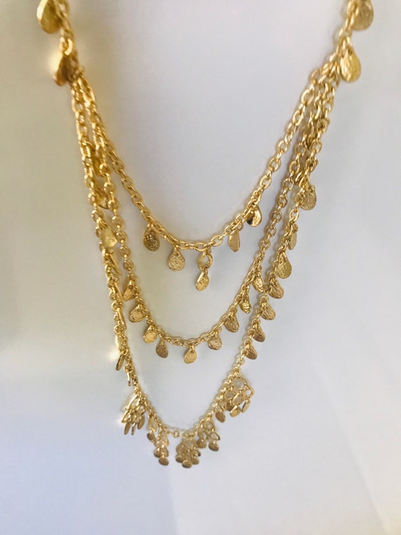 Triple Layered Gold Tone Swag Chain Necklace With Gol… - Gem