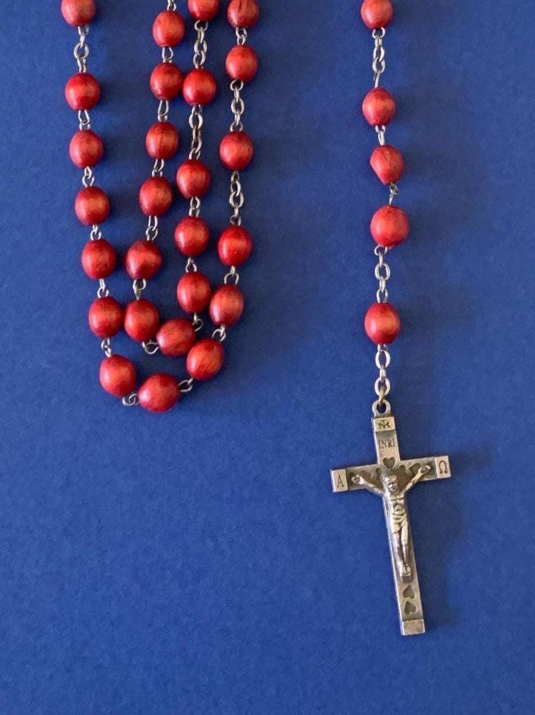 Italian Wood Bead Rosary With a Cross With Hearts and Alpha and Omega ...