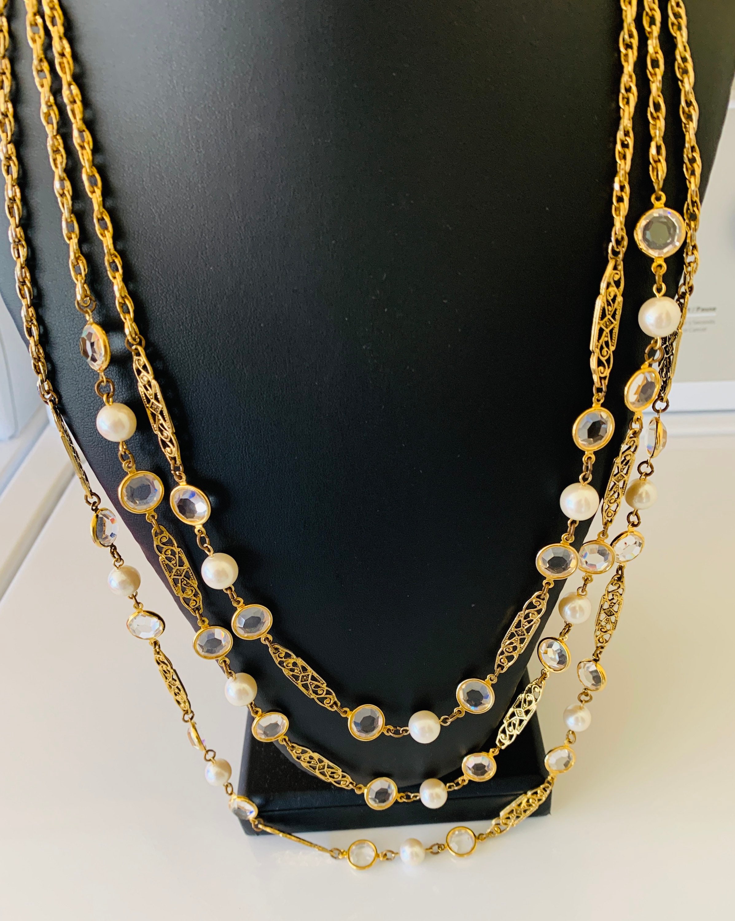 Triple Layered Gold Tone Chains Links and Clear Faceted Bead | Etsy