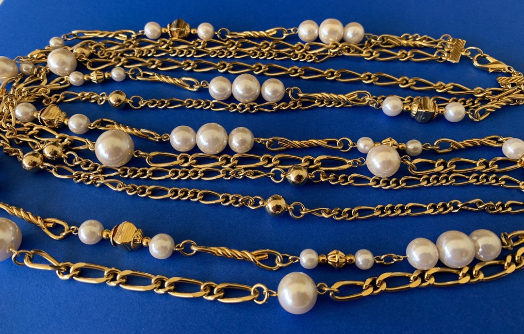 Three Layered Gold Tone Chain and Bar Links With Strung Faux Pearls ...