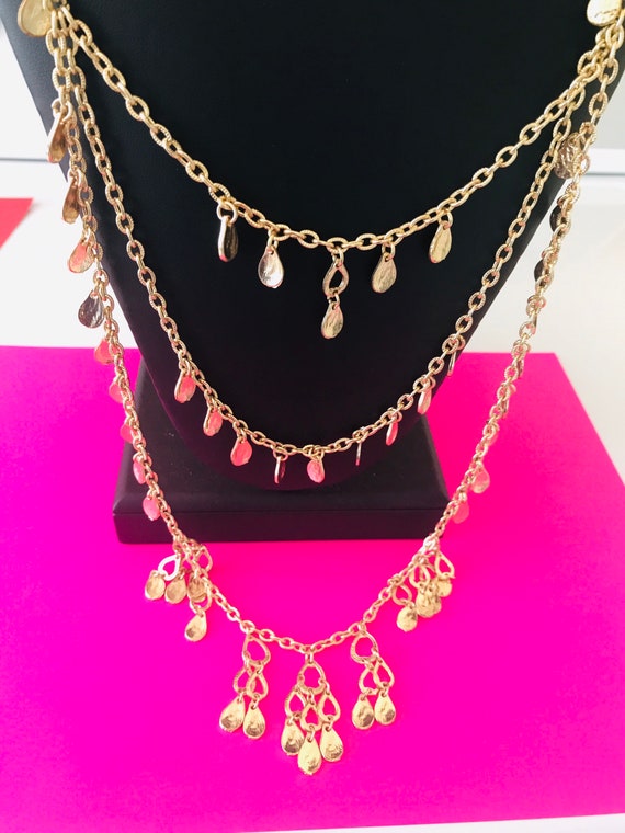 Triple Layered Gold Tone Swag Chain Necklace With Gol… - Gem