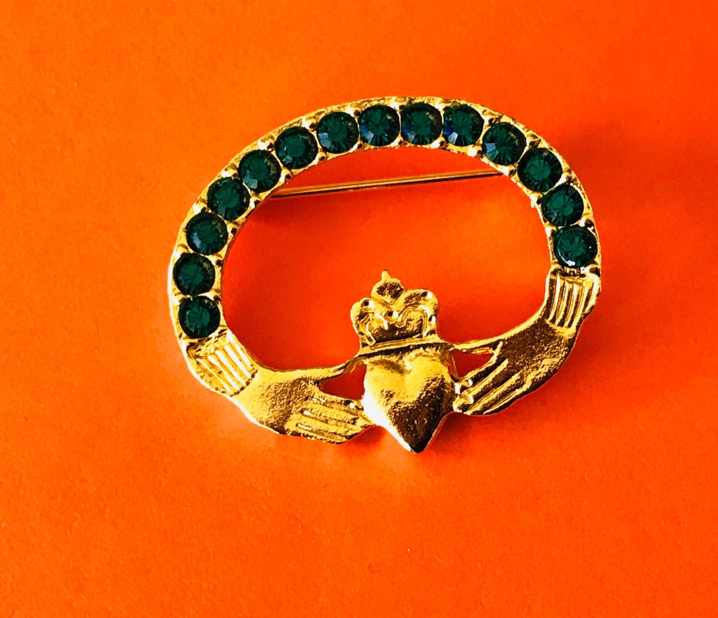 Gold Tone and Green Rhinestone Celtic Claddagh Design of Hands | Etsy