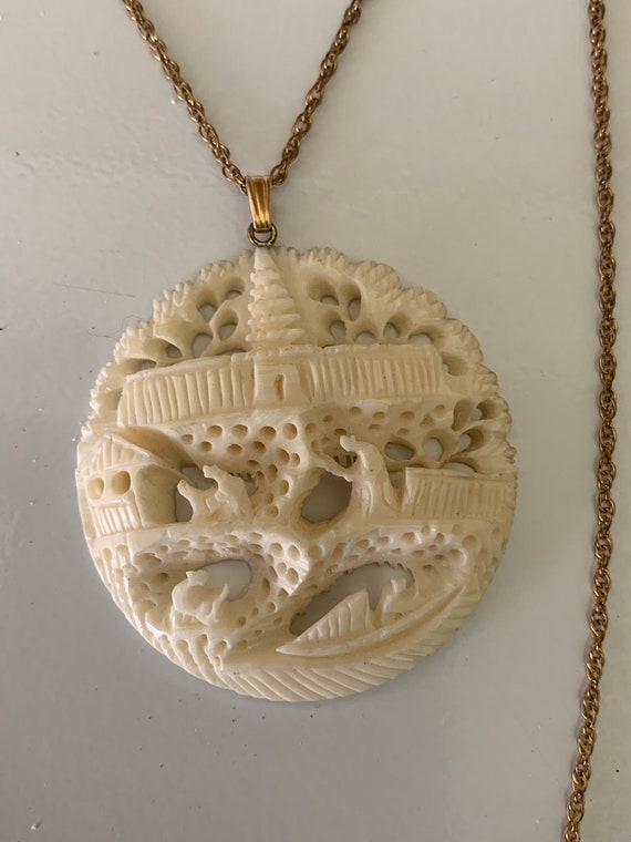 Japanese Temple Carved Bone Pendant Necklace - Gem