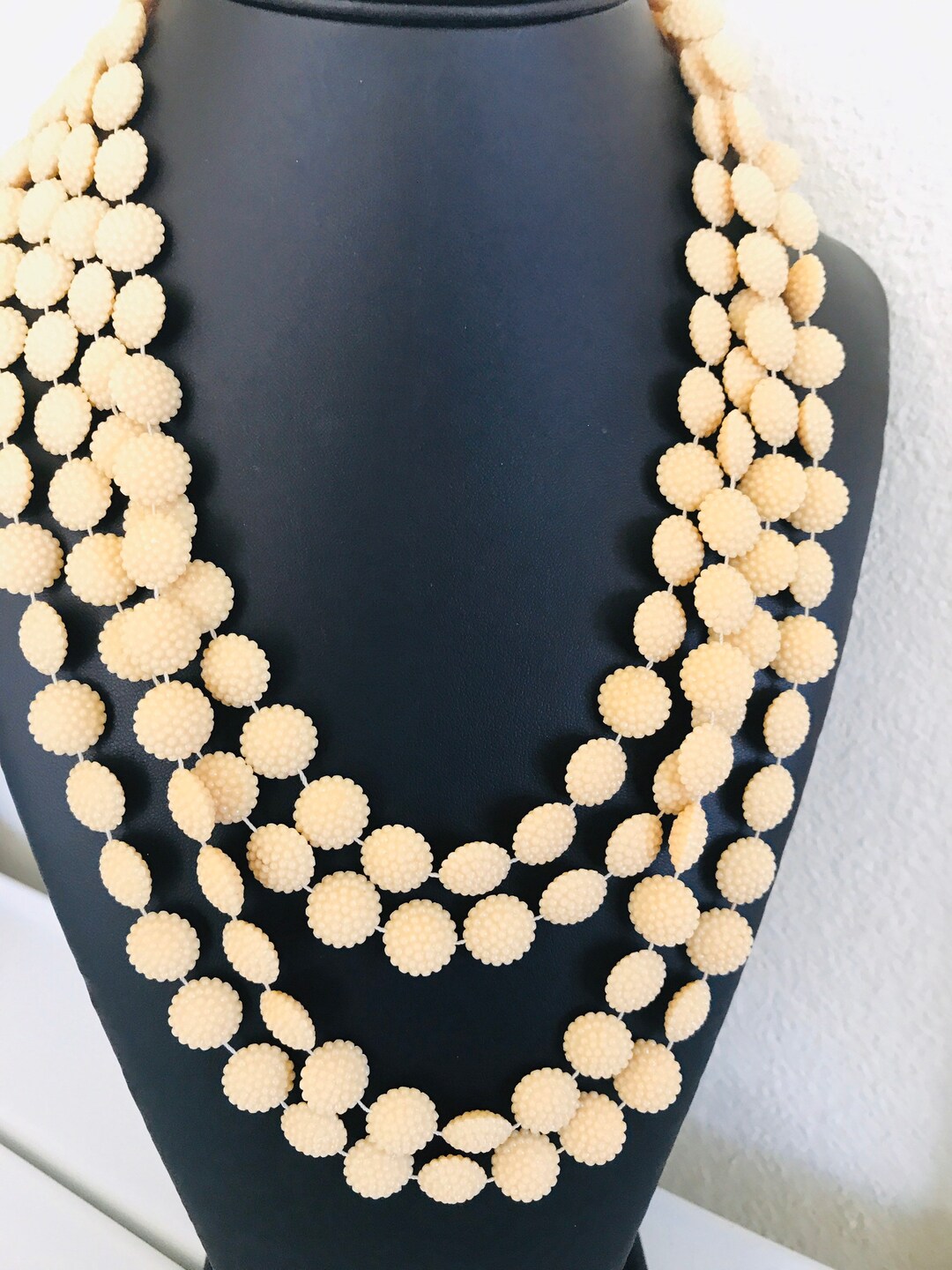 Summer Beads Two Layer Super Long Textured Beige Light Weight Lucite ...