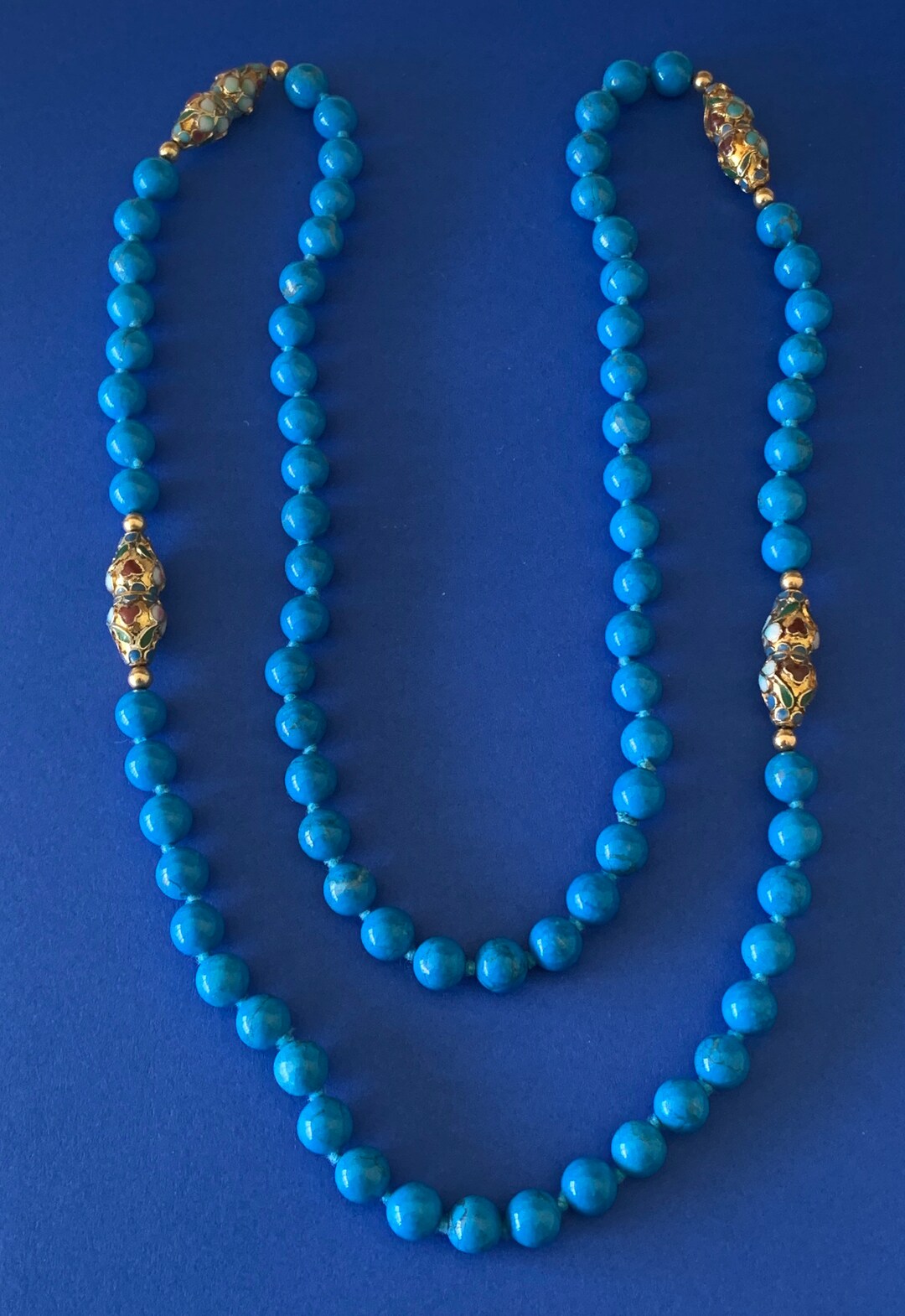 Turquoise Blue Stone Bead With Floral Cloisonne Highlinghts ...