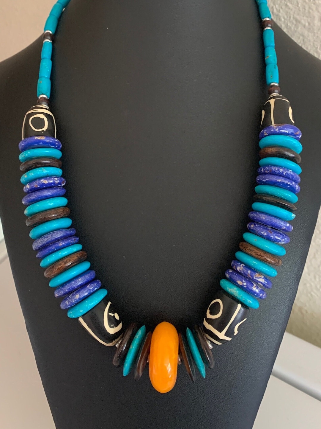 Chunky Tribal Style Mat Faux Stone Blue Yellow and Black Long Bead ...