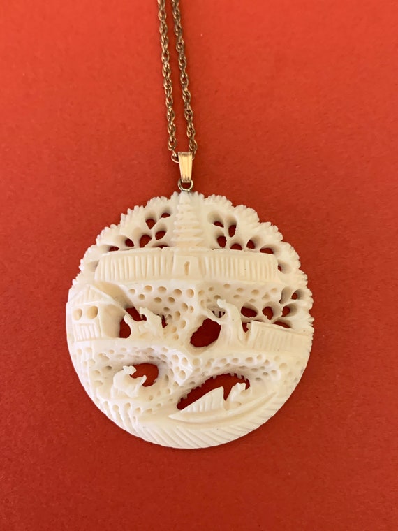Japanese Temple Carved Bone Pendant Necklace - Gem