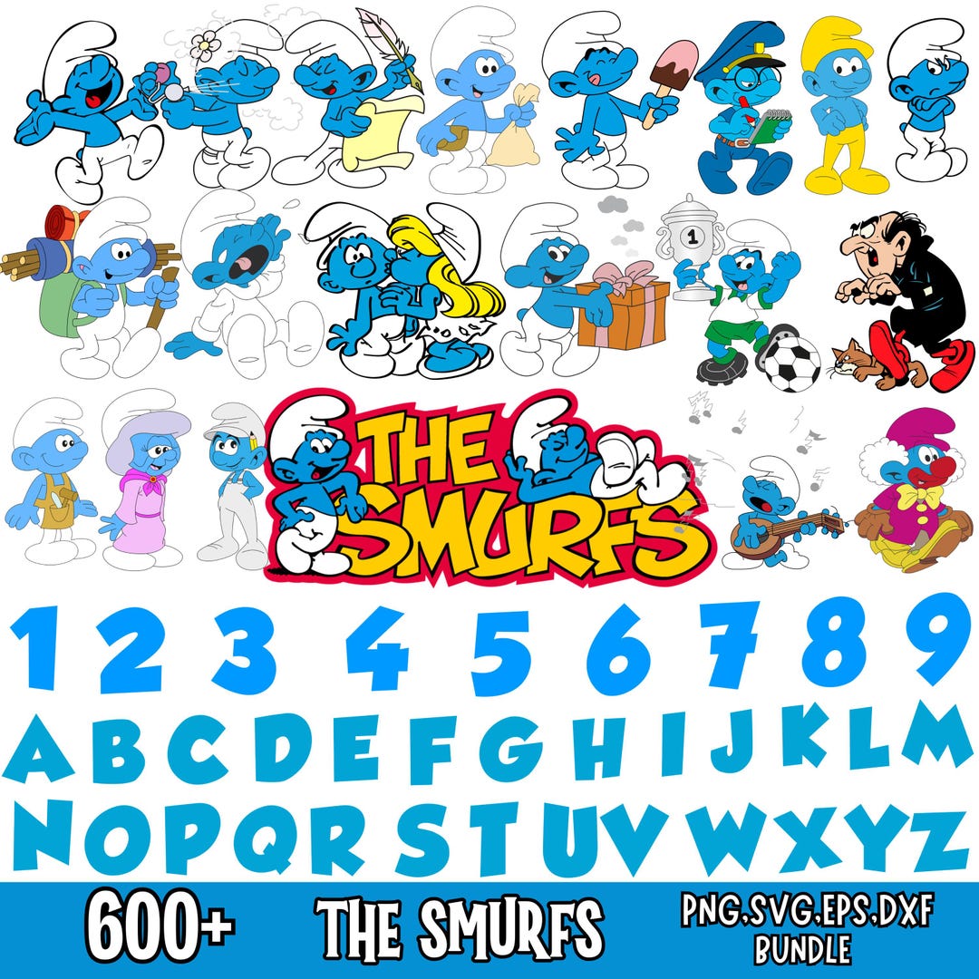 600+smurfs Svg Files Cute Cartoon Smurfs Bundle Birthday Party Decor ...