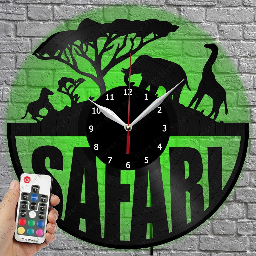 Safari Africa Clock Art Wall Safari Animal Decor LED Light Vinyl Record ...