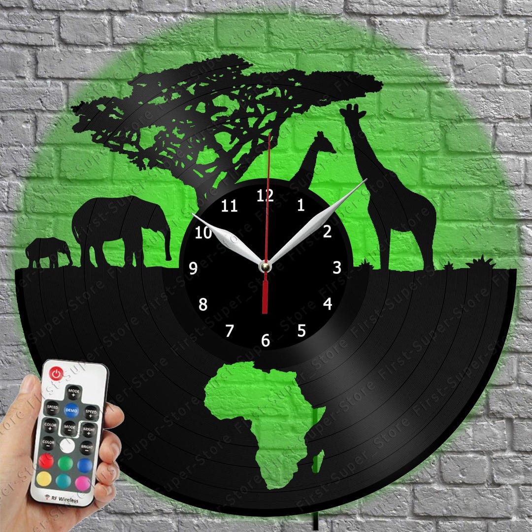 Africa Clock Art Wall Africa Animal Decor Vinyl Record Led Light Wall ...