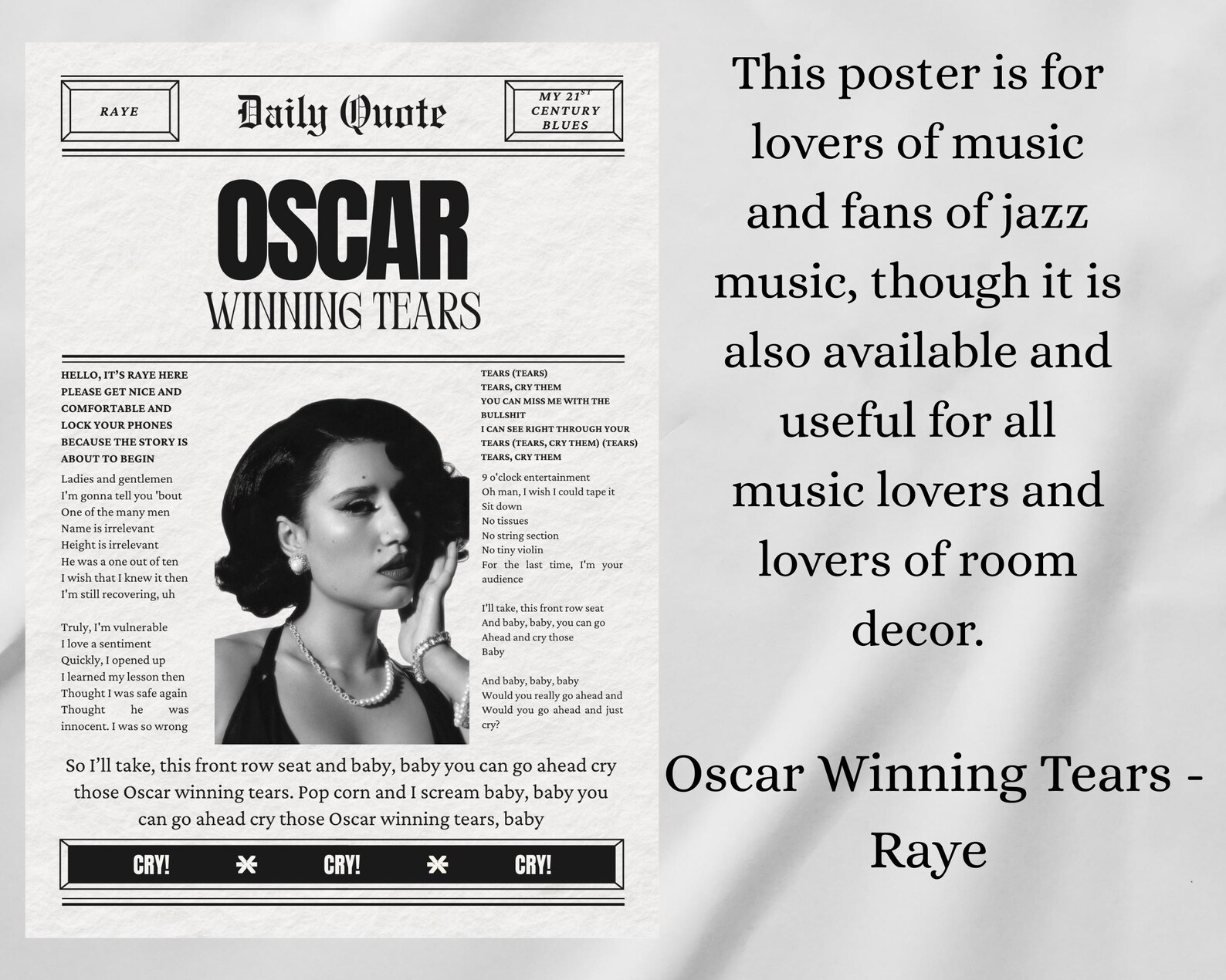 RAYE Oscar Winning Tears Poster | Digital Download Wall Art | Printable ...