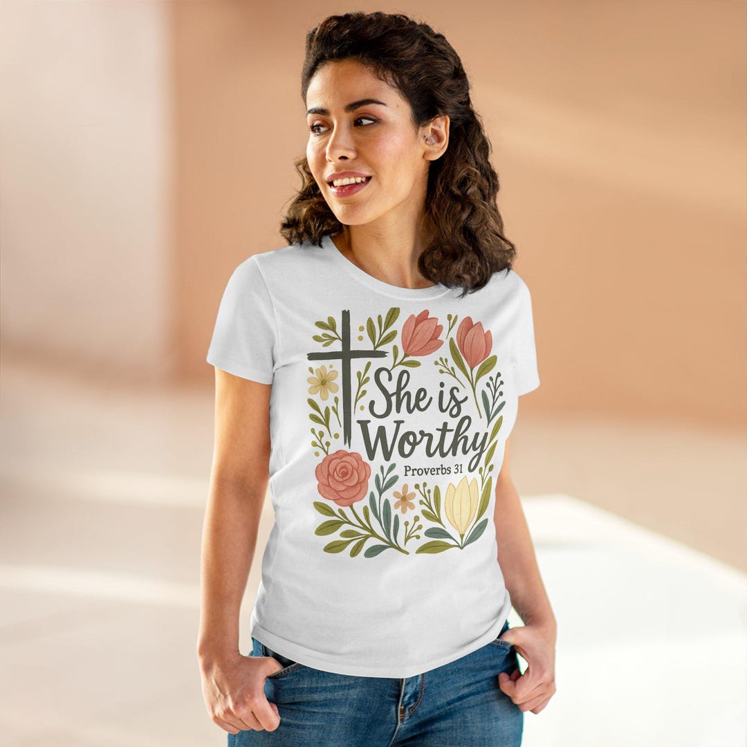 She is Worthy Proverbs 31 Floral Cross Tee | Christian T-shirt - Etsy