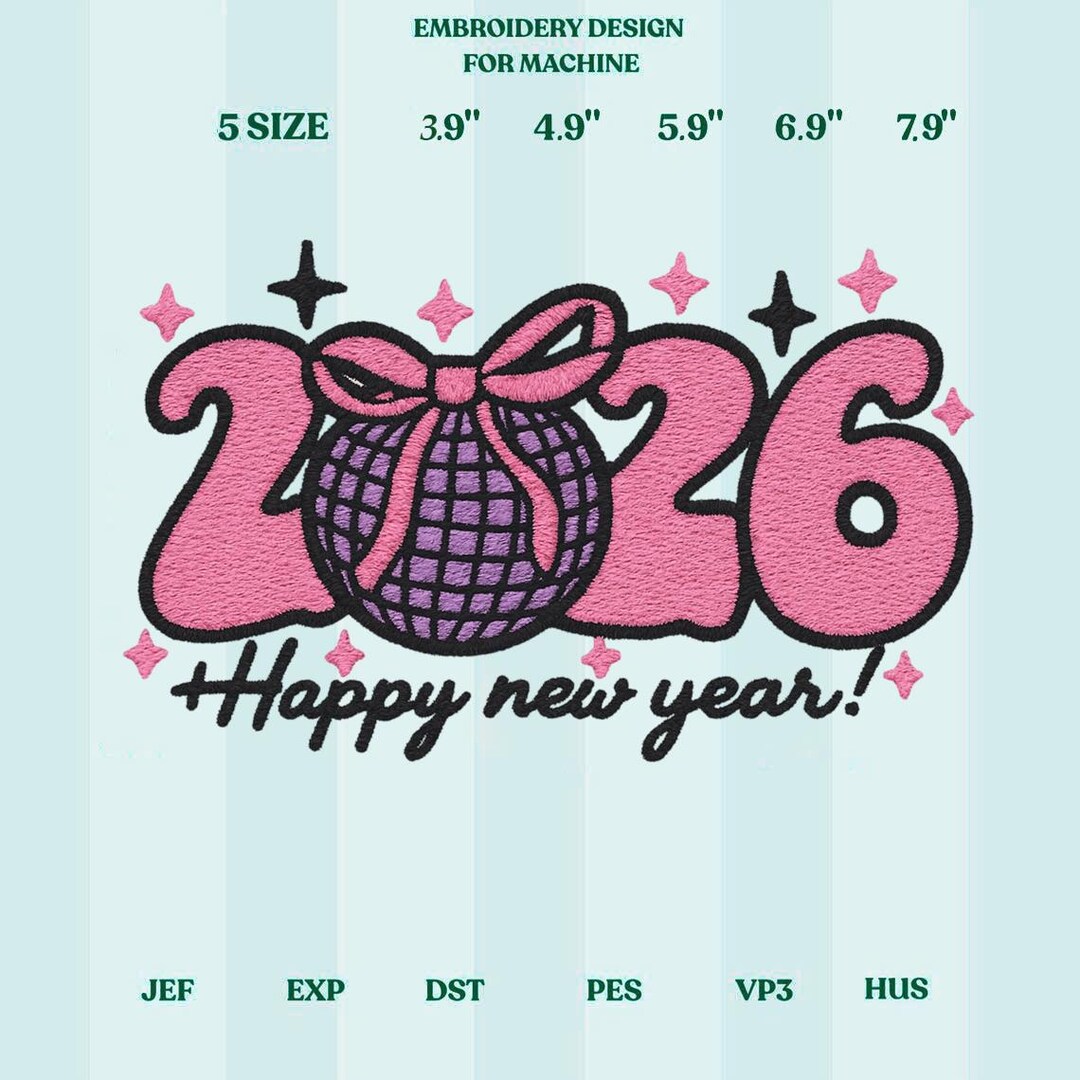 2026 Pink New Year Embroidery Design, Disco Ball Bow Applique, Happy ...