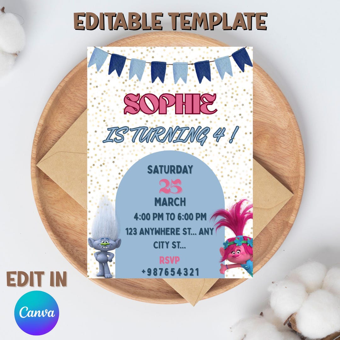 Editable Trolls Birthday Invitation Template: Kids Party Invite ...