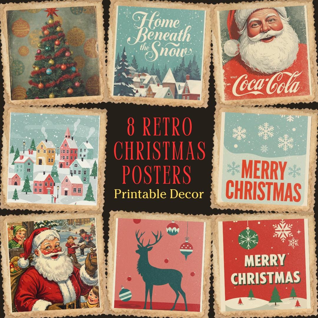 Retro Christmas Posters – Vintage Holiday Wall Art Set, Mid Century ...