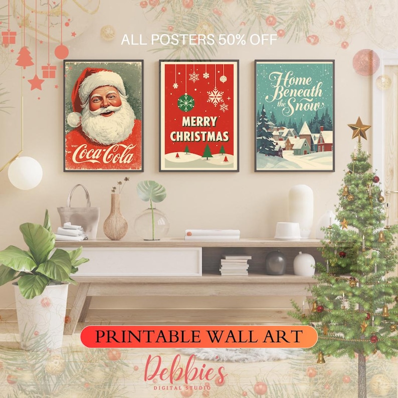 Retro Christmas Posters – Vintage Holiday Wall Art Set, Mid Century ...