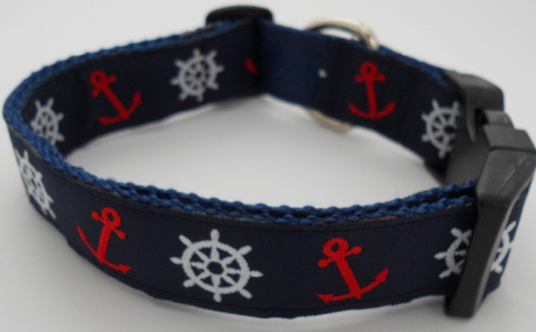 Nautical Dog Collar - Anchors and Ships Wheels on Navy - Etsy