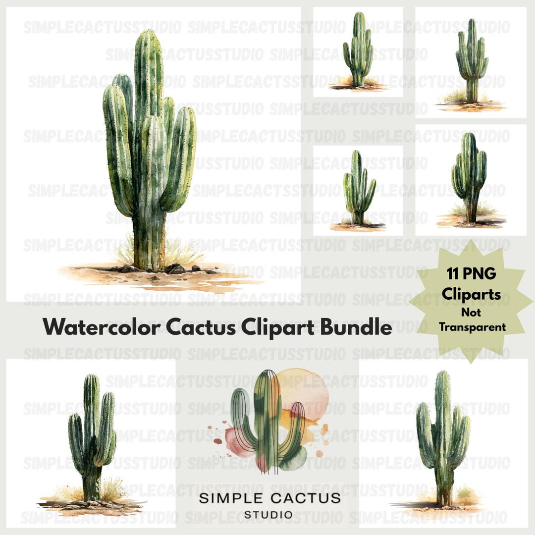 Watercolor Cactus Clipart Bundle, Saguaro Digital Art, Botanical ...