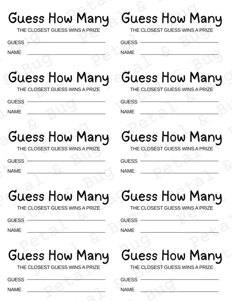 Guess How Many Game Printable Slips for Baby Shower, Wedding, Birthday ...