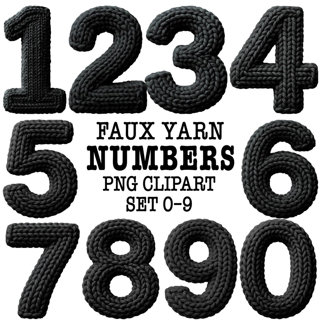 Black & White 3D Crochet Numbers PNG | Faux Yarn Number Set 0–9, Chunky ...