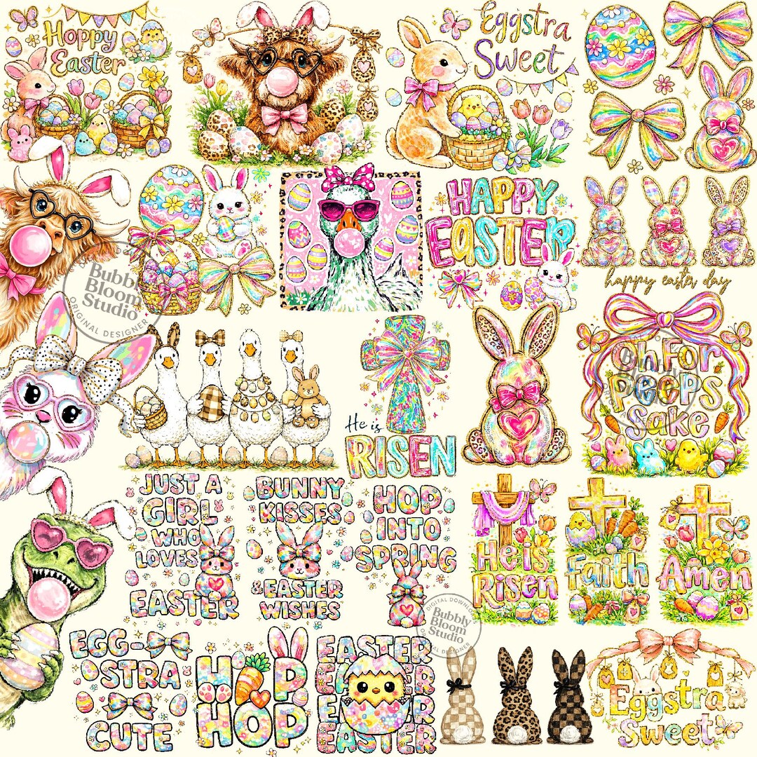 Preppy Retro Easter PNG Bundle, Brushstroke Bunny Goose Cow Easter ...