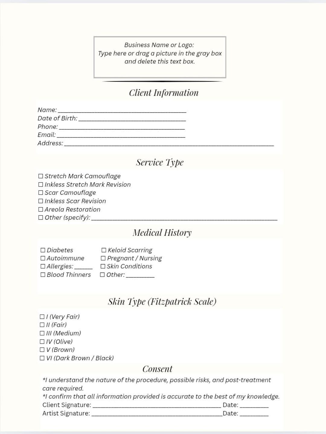 Paramedical Tattoo Client Form | Camo, Inkless, + Areola Consent ...