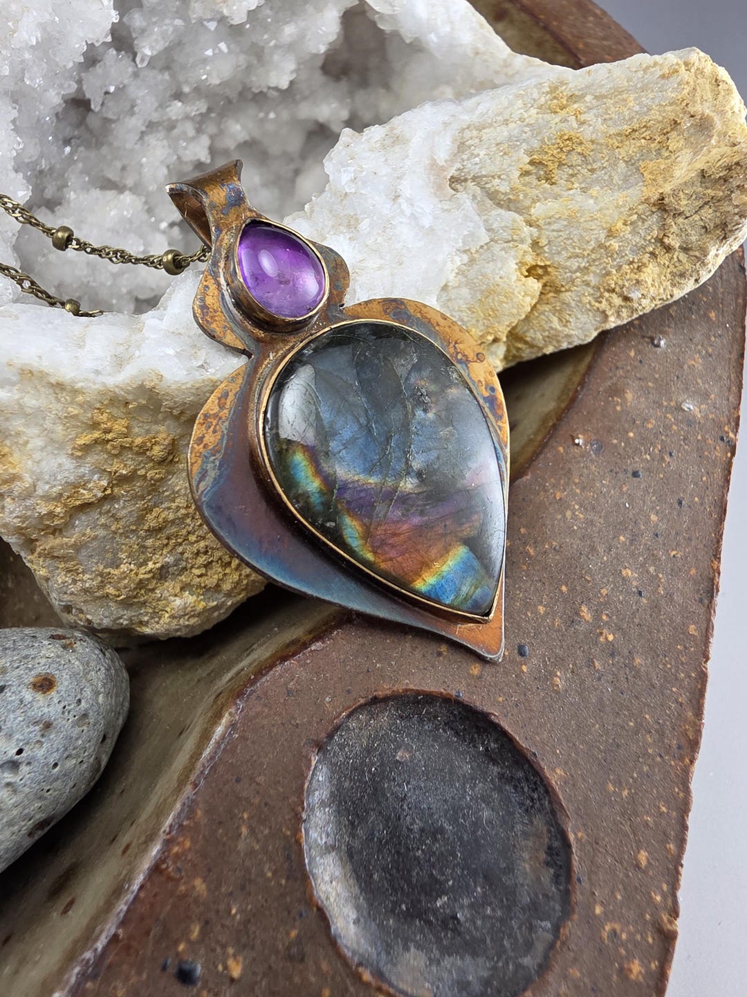 Spectrolite Necklace With Amethyst- February Birthstone - Merlin's Gold ...