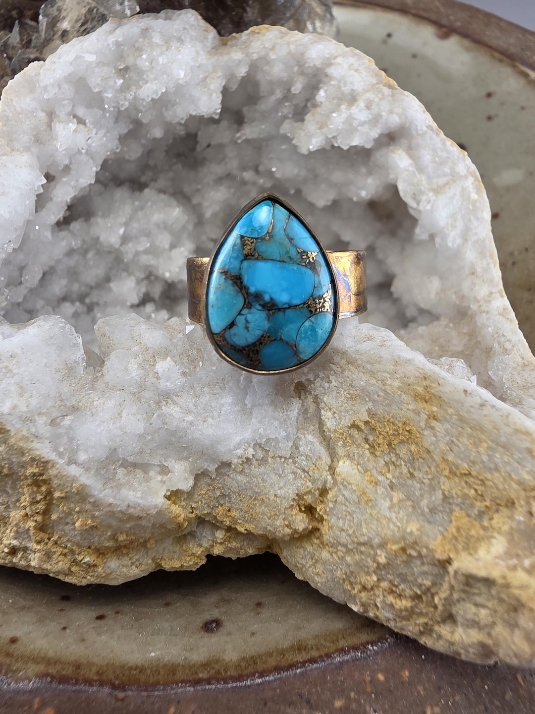 Turquoise Ring- Rainbow Patina- Merlin's Gold- Nu Gold Brass Ring - Etsy