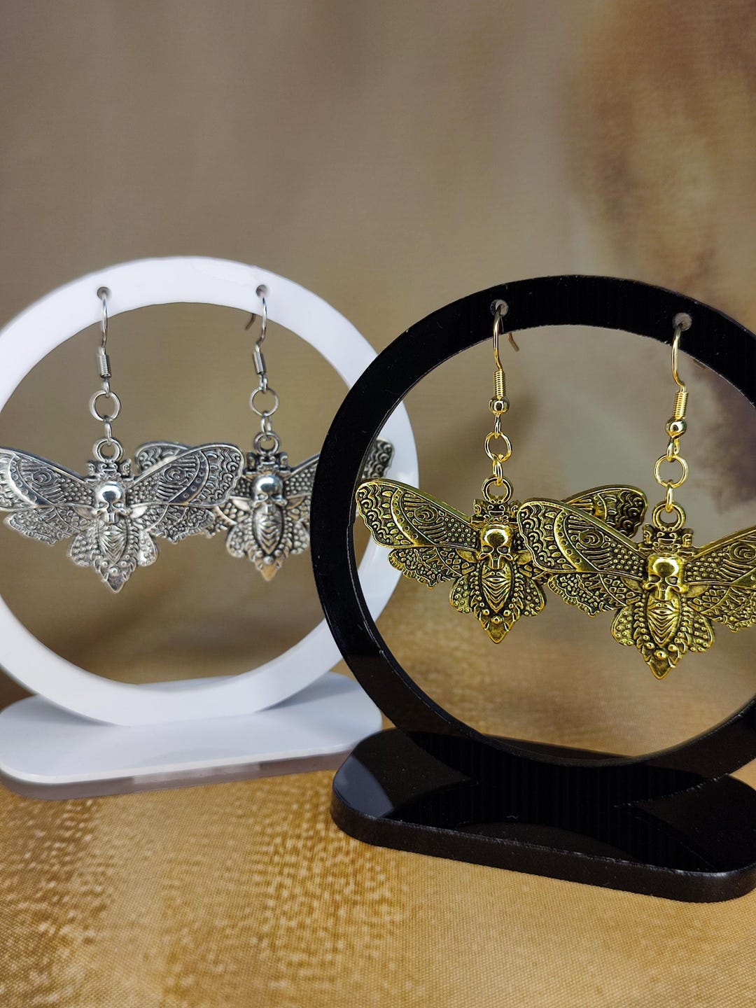 Moth Drop Earrings, Skull Hawk Moth Design – Gothic Earrings With Gold ...