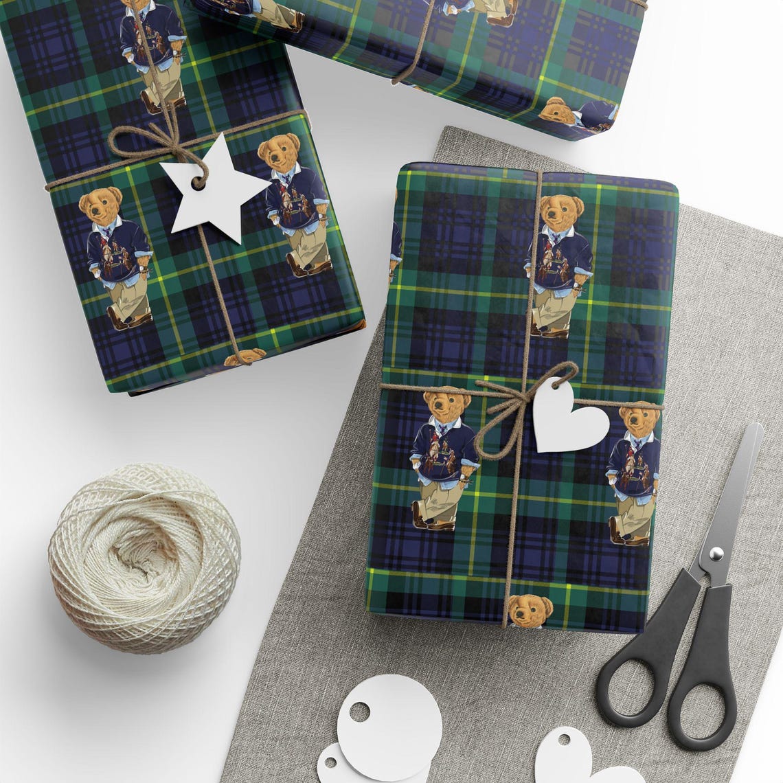 Tartan Polo Bear Wrapping Paper | Plaid Gift Wrap, Holiday Stationery ...