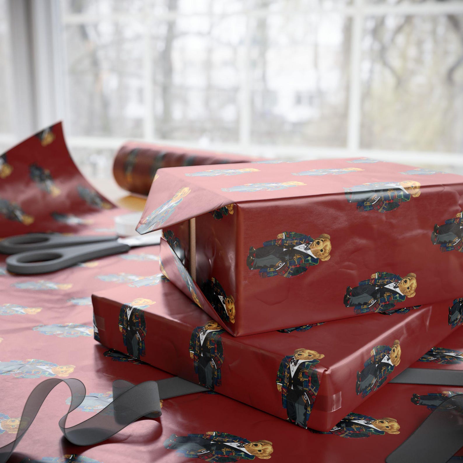 Polo Teddy Bear Gift Wrap Burgundy Christmas Wrapping Paper Ralph ...