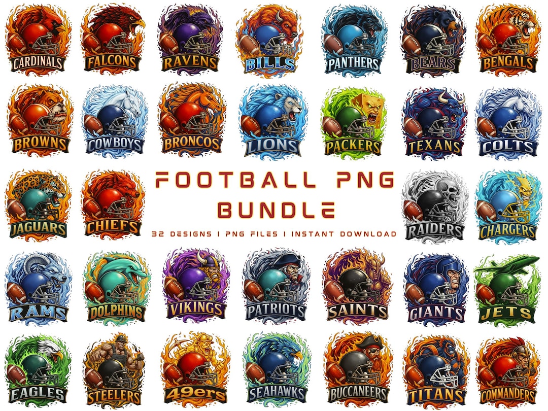Football PNG Bundle: 32 Sports Team Designs, Flame Helmet (digital ...
