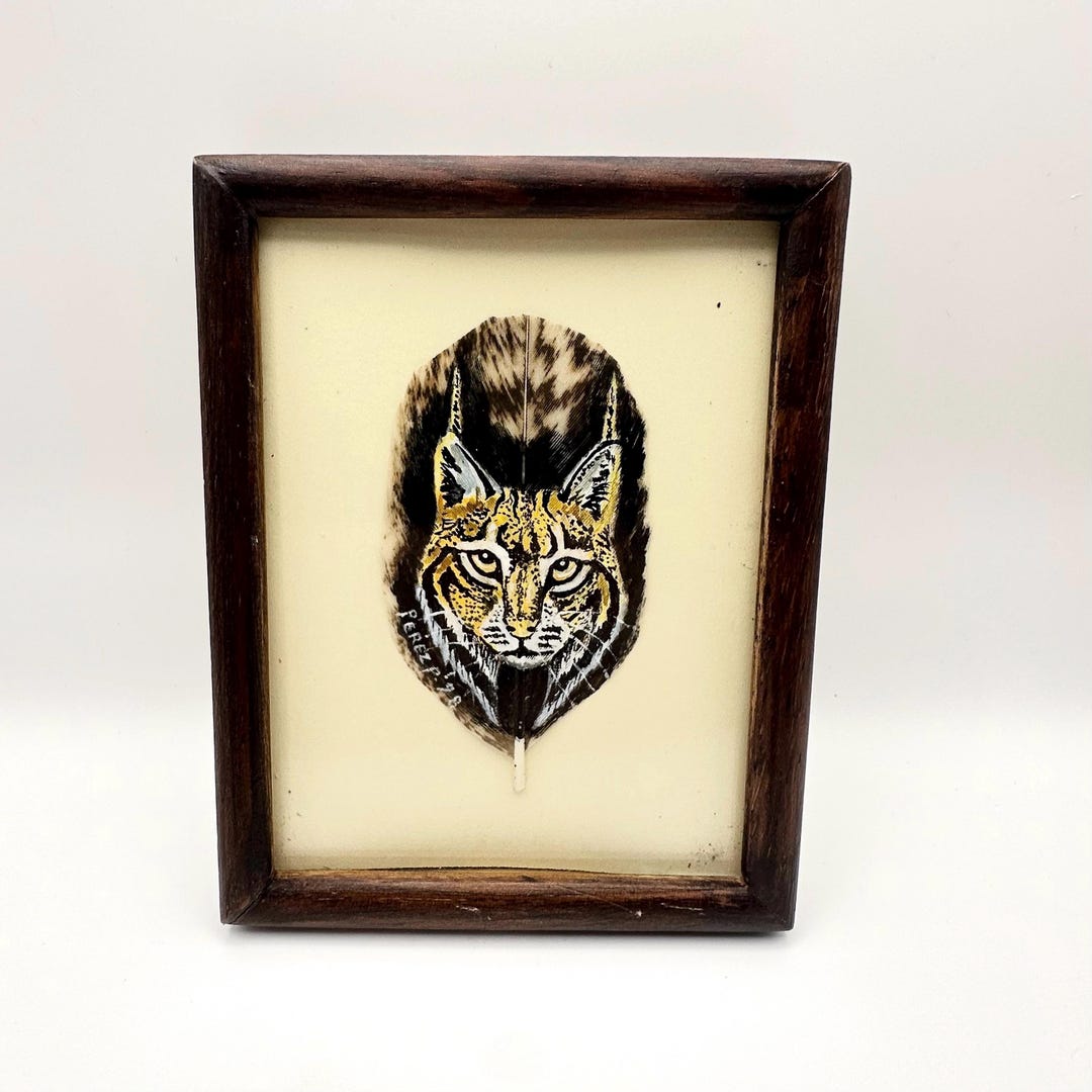 Vintage Framed Bobcat Feather Art | Hand-painted Wildlife Decor - Etsy