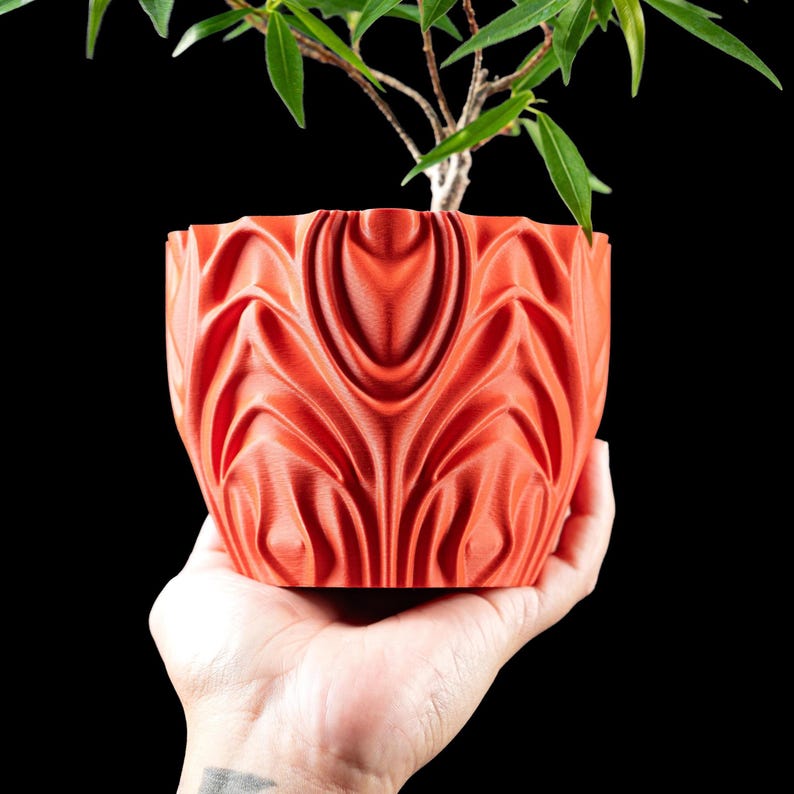 3D Printed Art Deco Plant Pot | Unique Orange PLA Planter | Modern Boho ...