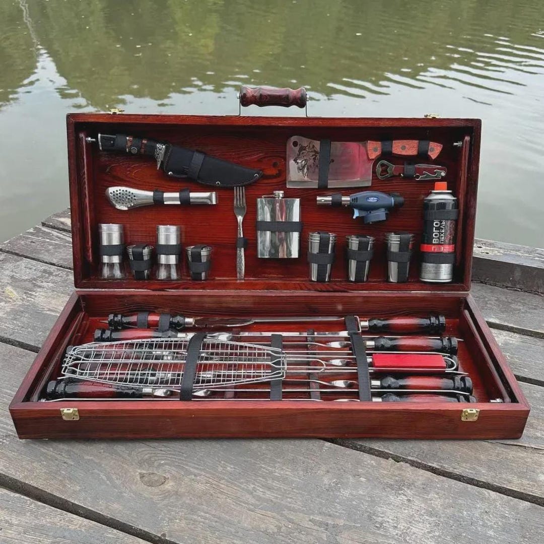 Personalized BBQ Gift Set in Wooden Case – Engraved Grill Tools Skewers ...