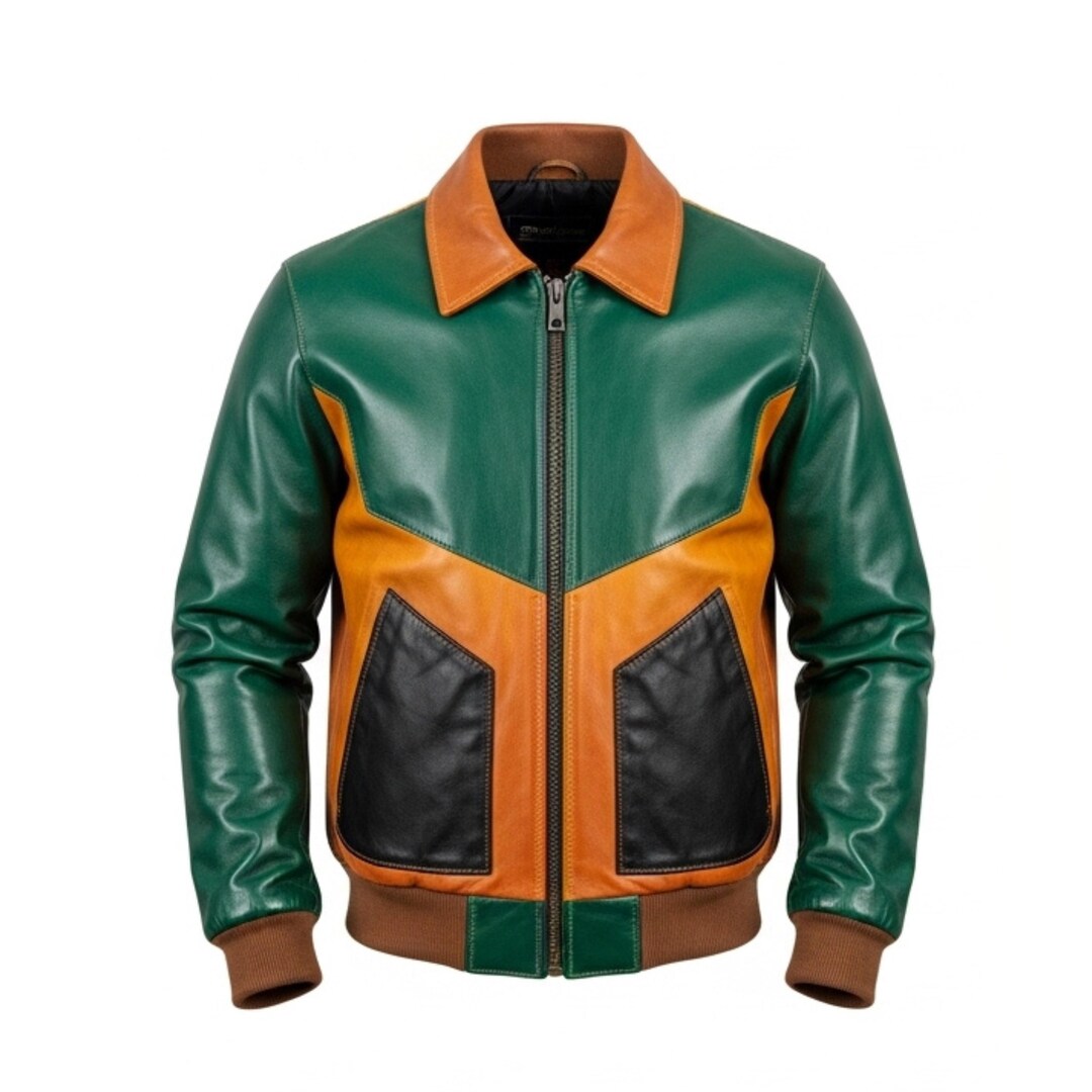 Men’s Color Block Leather Jacket | Green Tan Black Patchwork Bomber ...